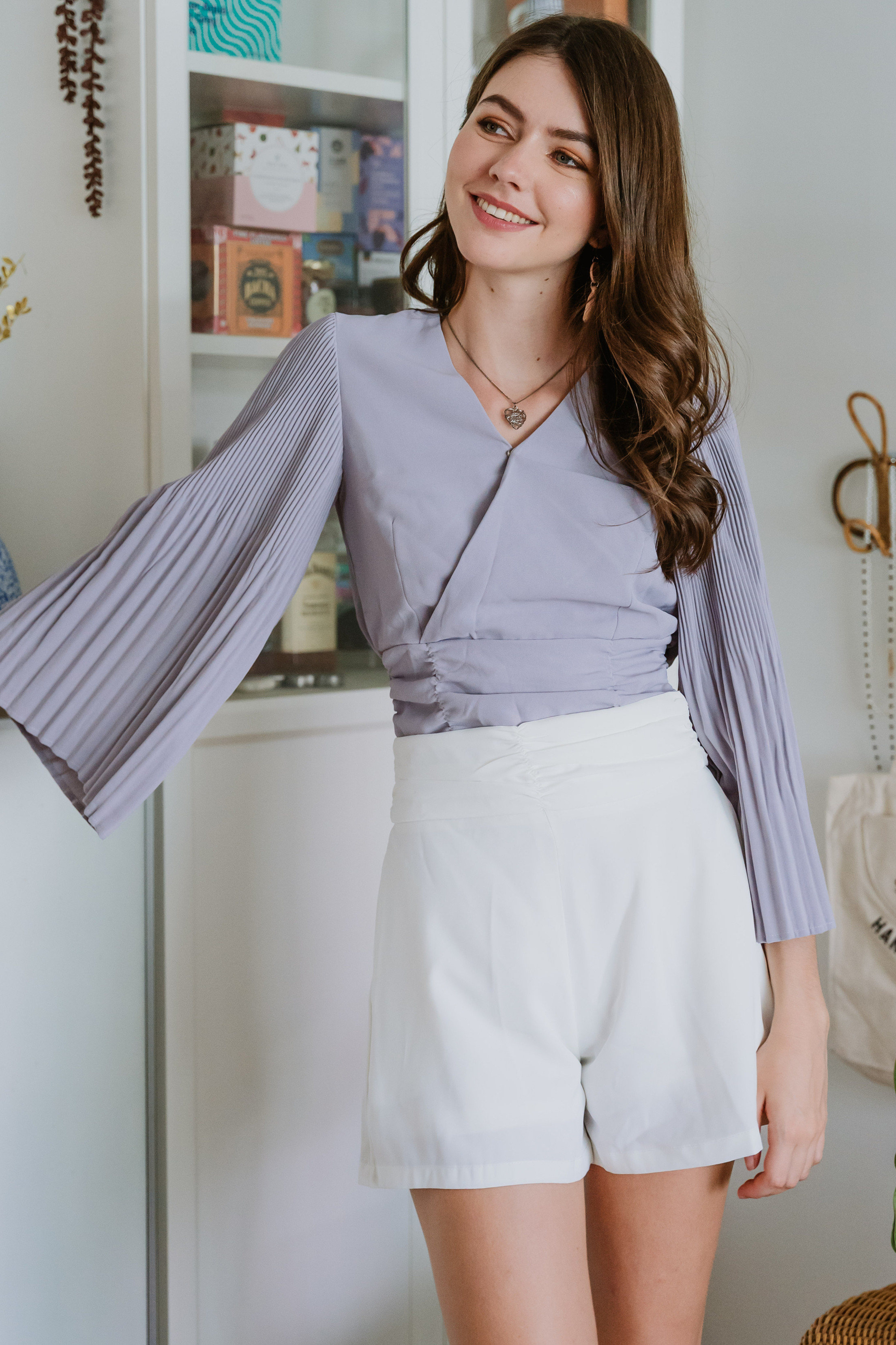 ACW Ruched Detail Pocket Flare Shorts in White | Anticlockwise