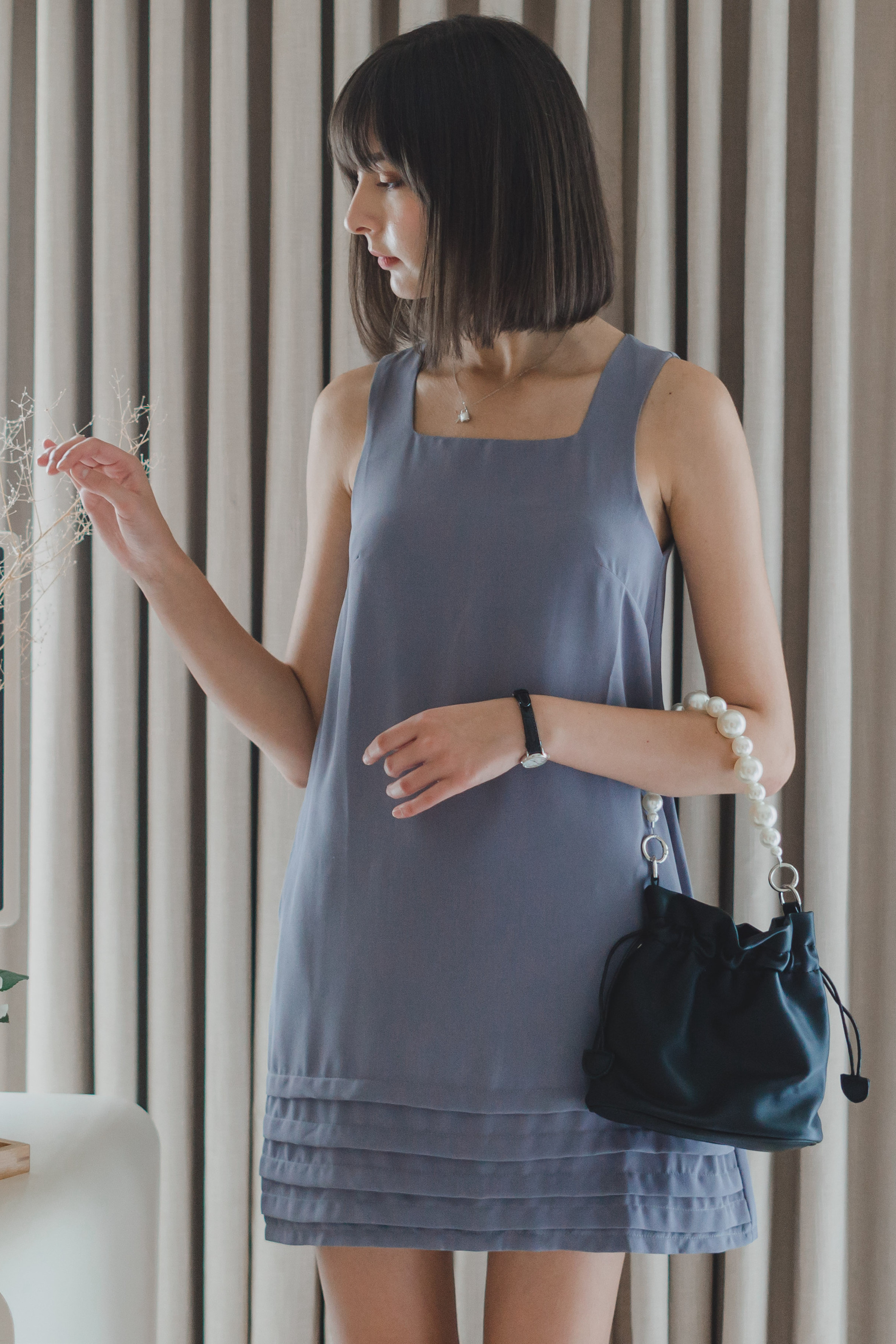 ACW Tier Detail Square Neck Shift Dress in Dusk Grey | Anticlockwise