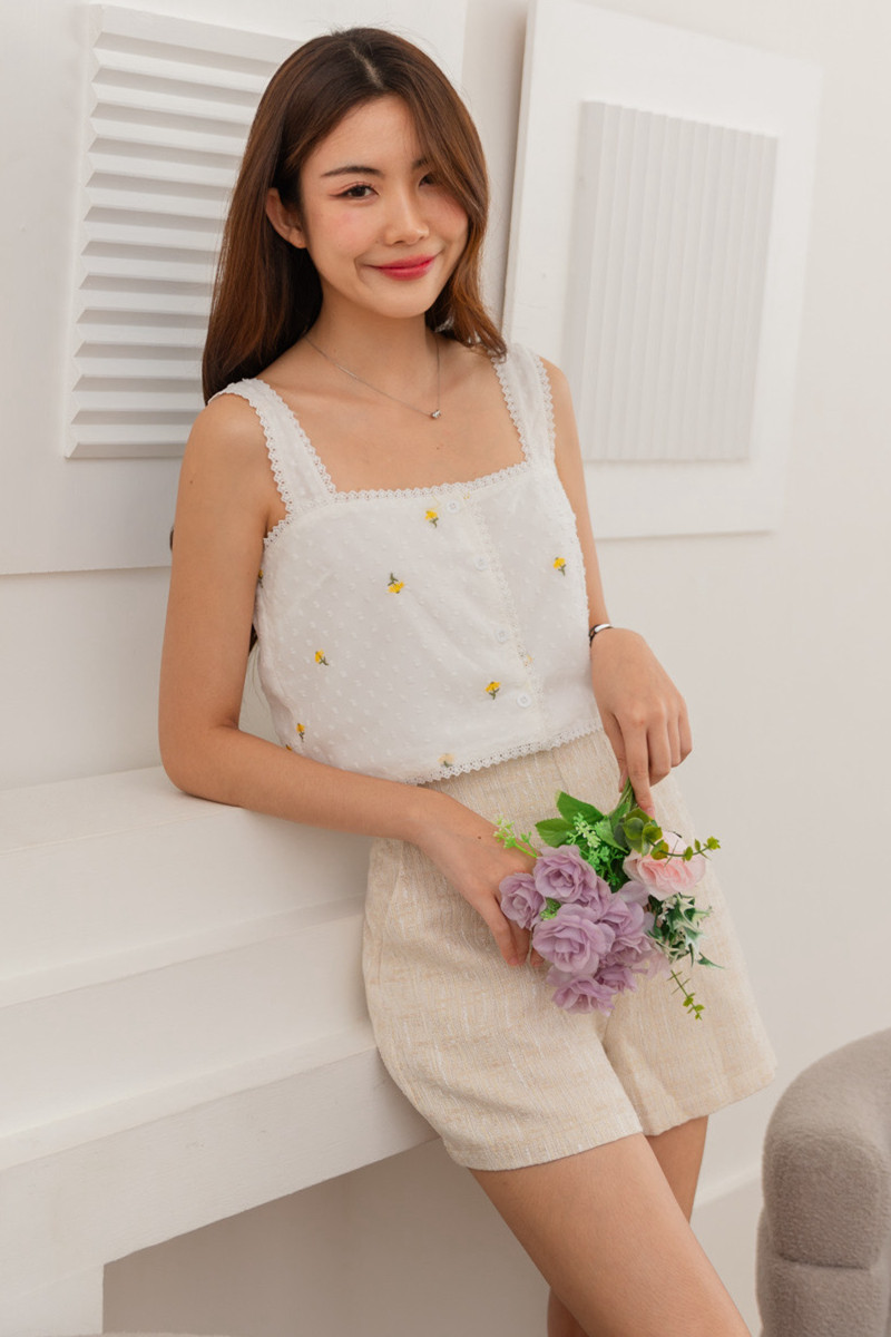 ACW Embroidered Daisies Thick Strap Button Crop Top | Anticlockwise