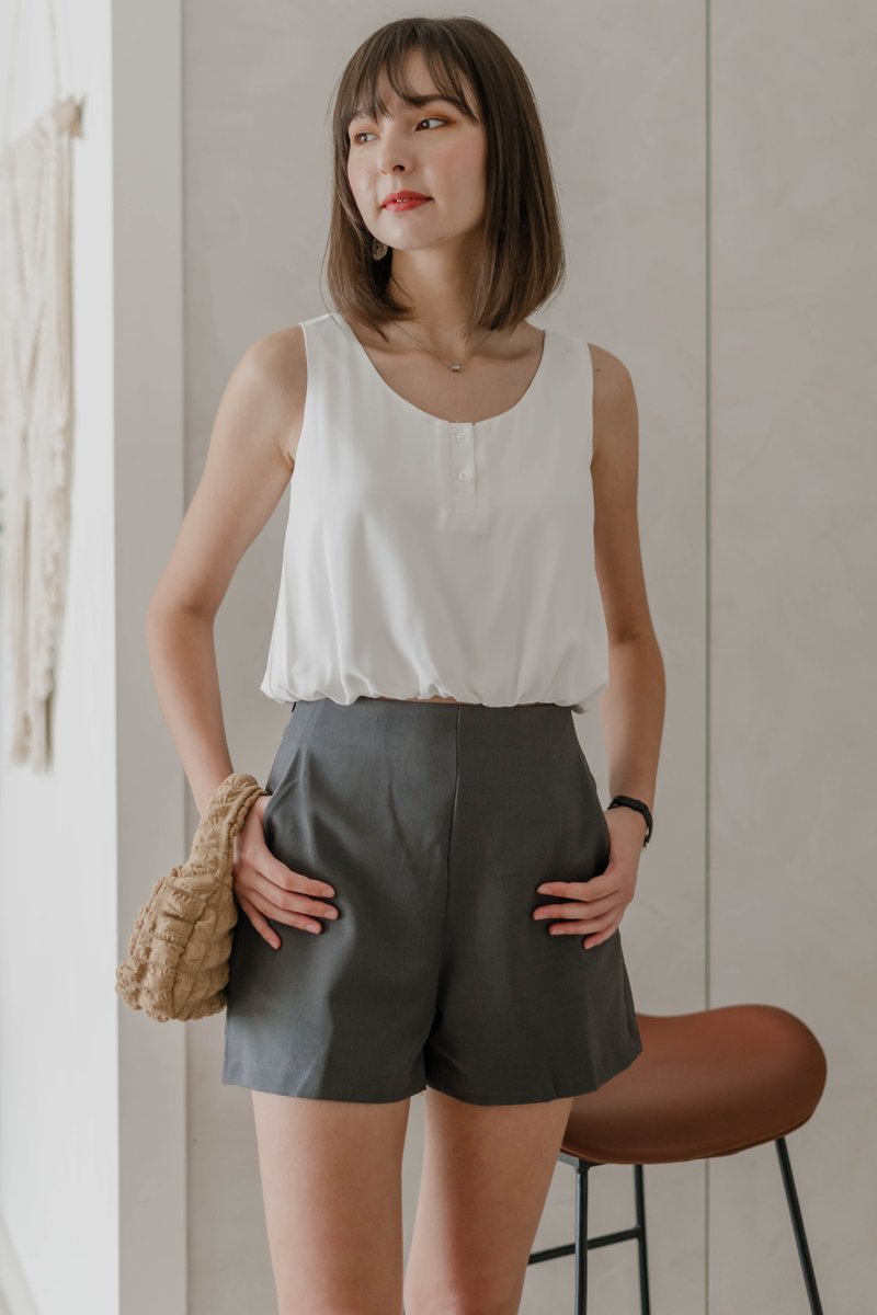 ACW Button Down U Neck Elastic Band Top in White | Anticlockwise
