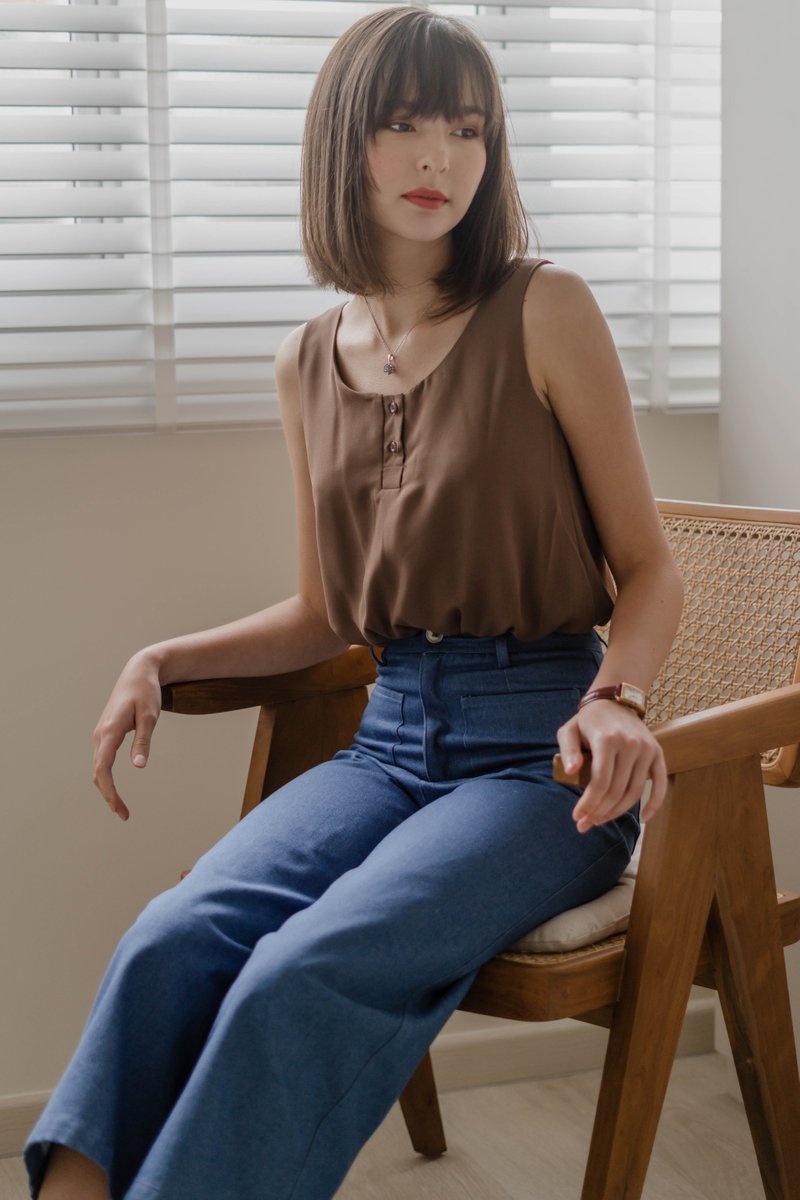 ACW Button Down U Neck Elastic Band Top in Chestnut | Anticlockwise