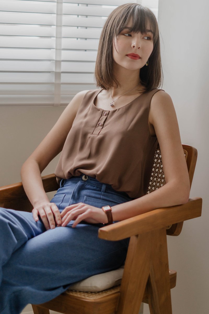 ACW Button Down U Neck Elastic Band Top in Chestnut | Anticlockwise