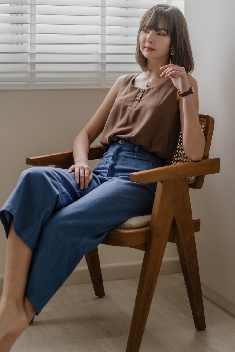 ACW Button Down U Neck Elastic Band Top in Chestnut | Anticlockwise