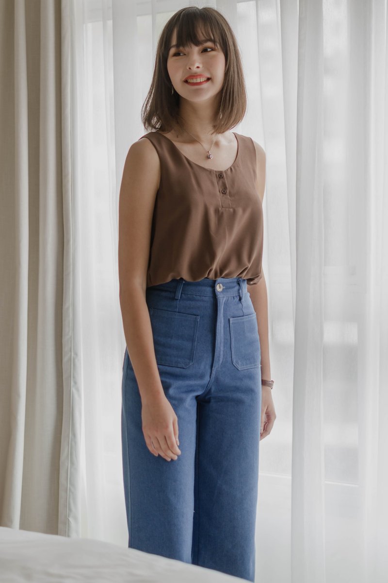 ACW Button Down U Neck Elastic Band Top in Chestnut | Anticlockwise