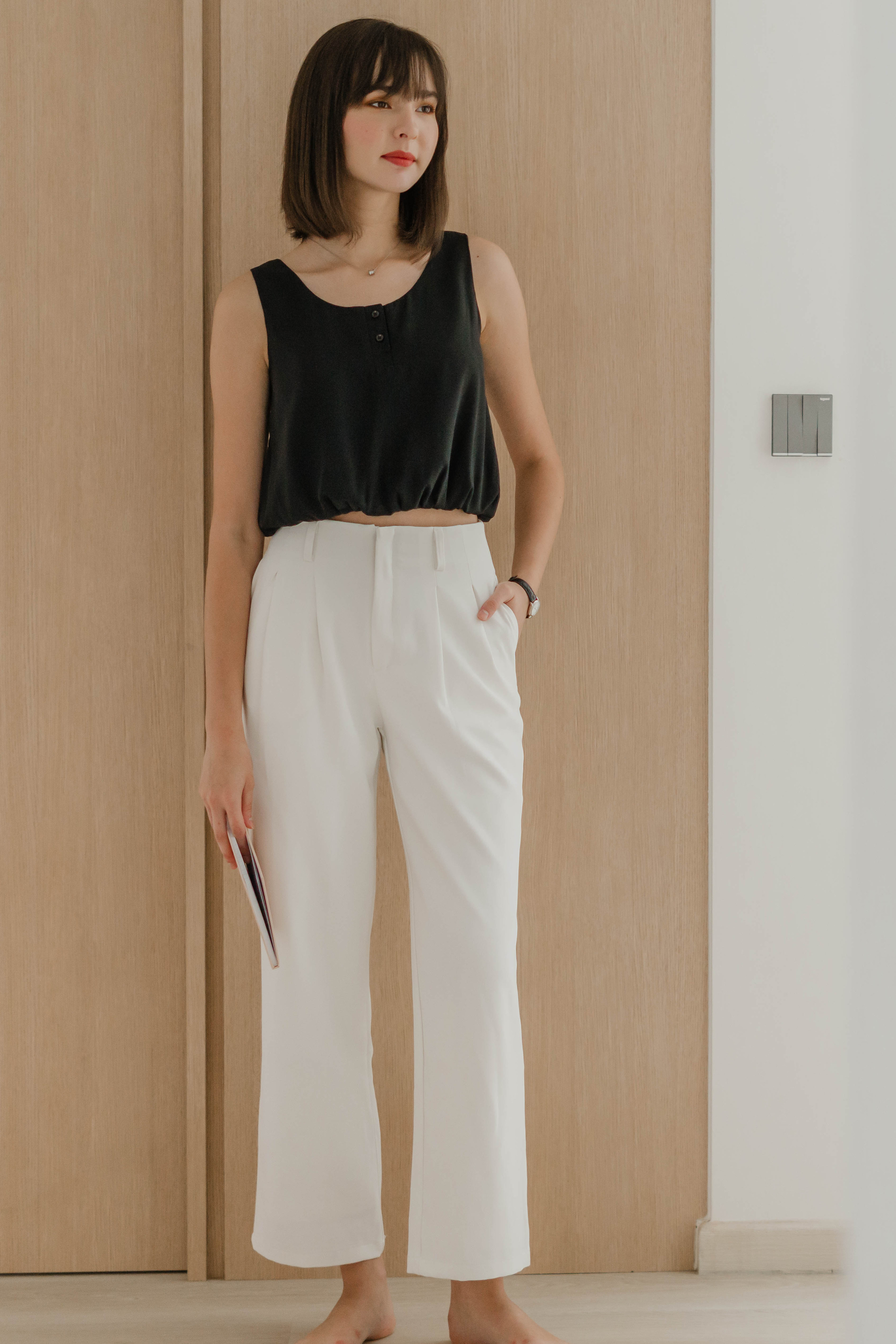ACW Button Down U Neck Elastic Band Top in Black | Anticlockwise