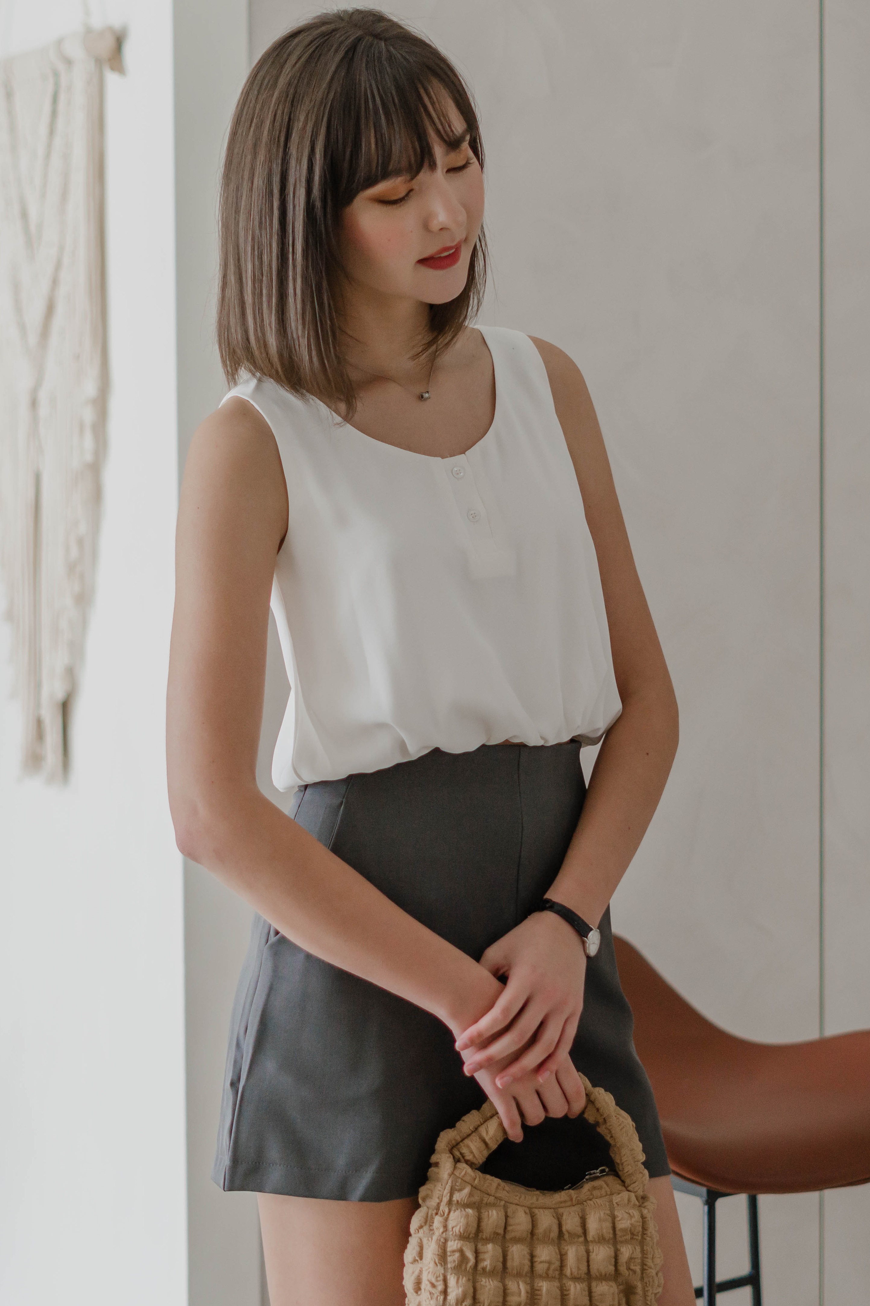 ACW Button Down U Neck Elastic Band Top in White | Anticlockwise