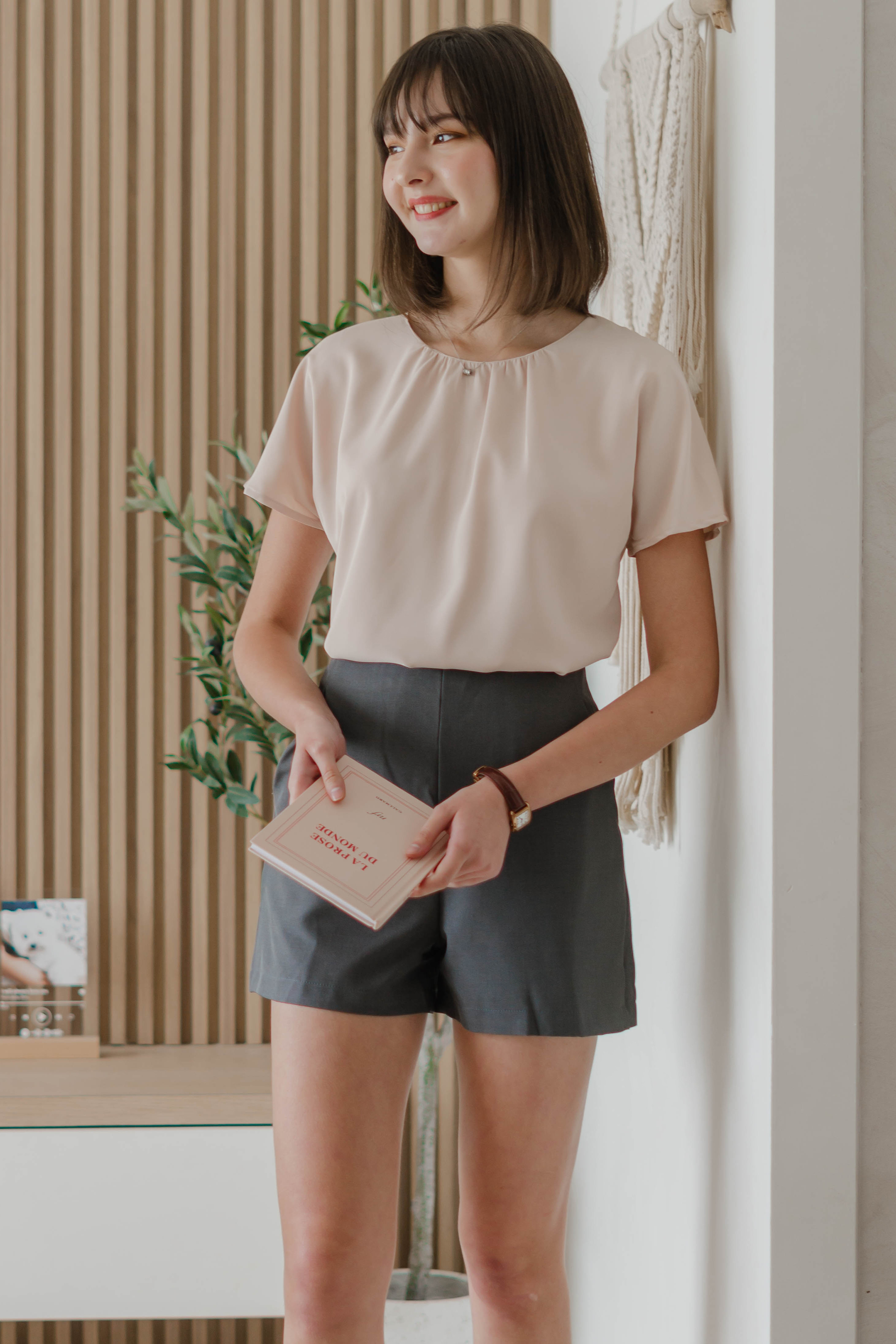 ACW Ruched Neckline Sleeved Box Top in Ivory | Anticlockwise