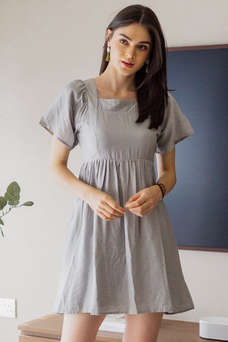 ACW Square Neck Flutter Sleeve Mini Dress in Blue Grey | Anticlockwise