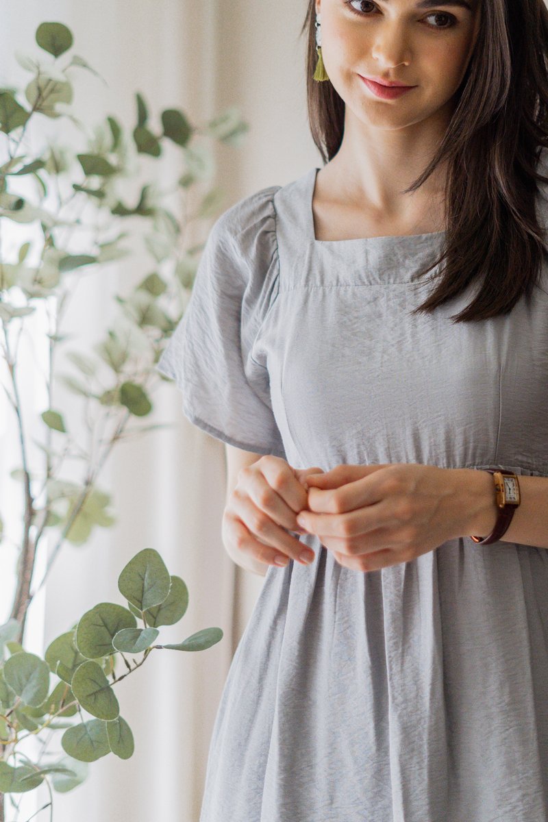 ACW Square Neck Flutter Sleeve Mini Dress in Blue Grey | Anticlockwise