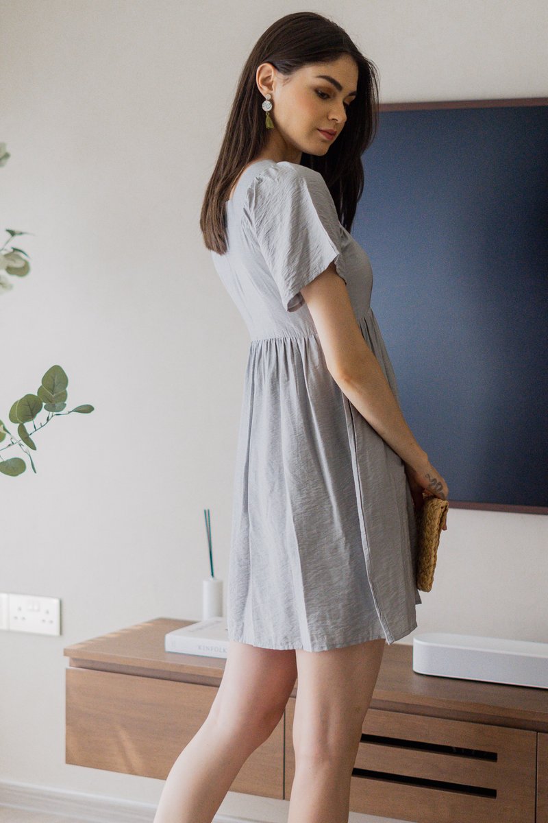 ACW Square Neck Flutter Sleeve Mini Dress in Blue Grey | Anticlockwise