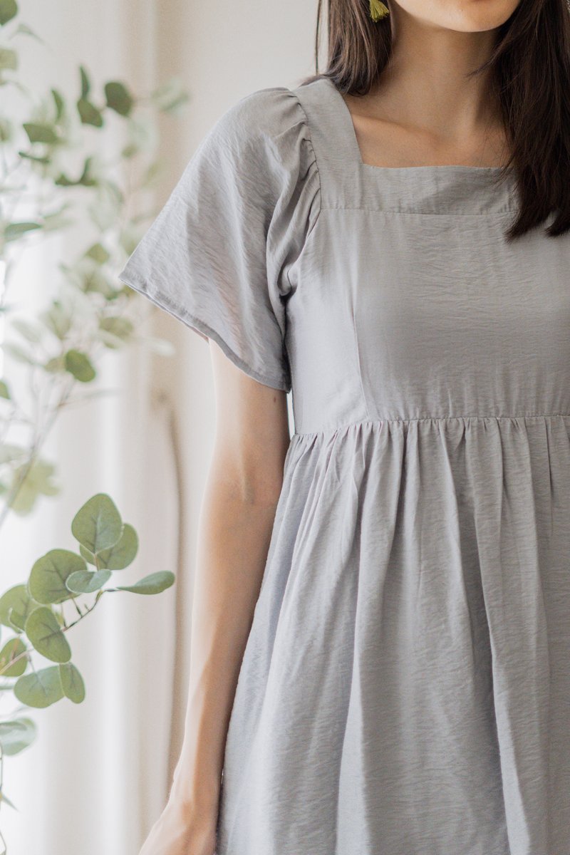 ACW Square Neck Flutter Sleeve Mini Dress in Blue Grey | Anticlockwise