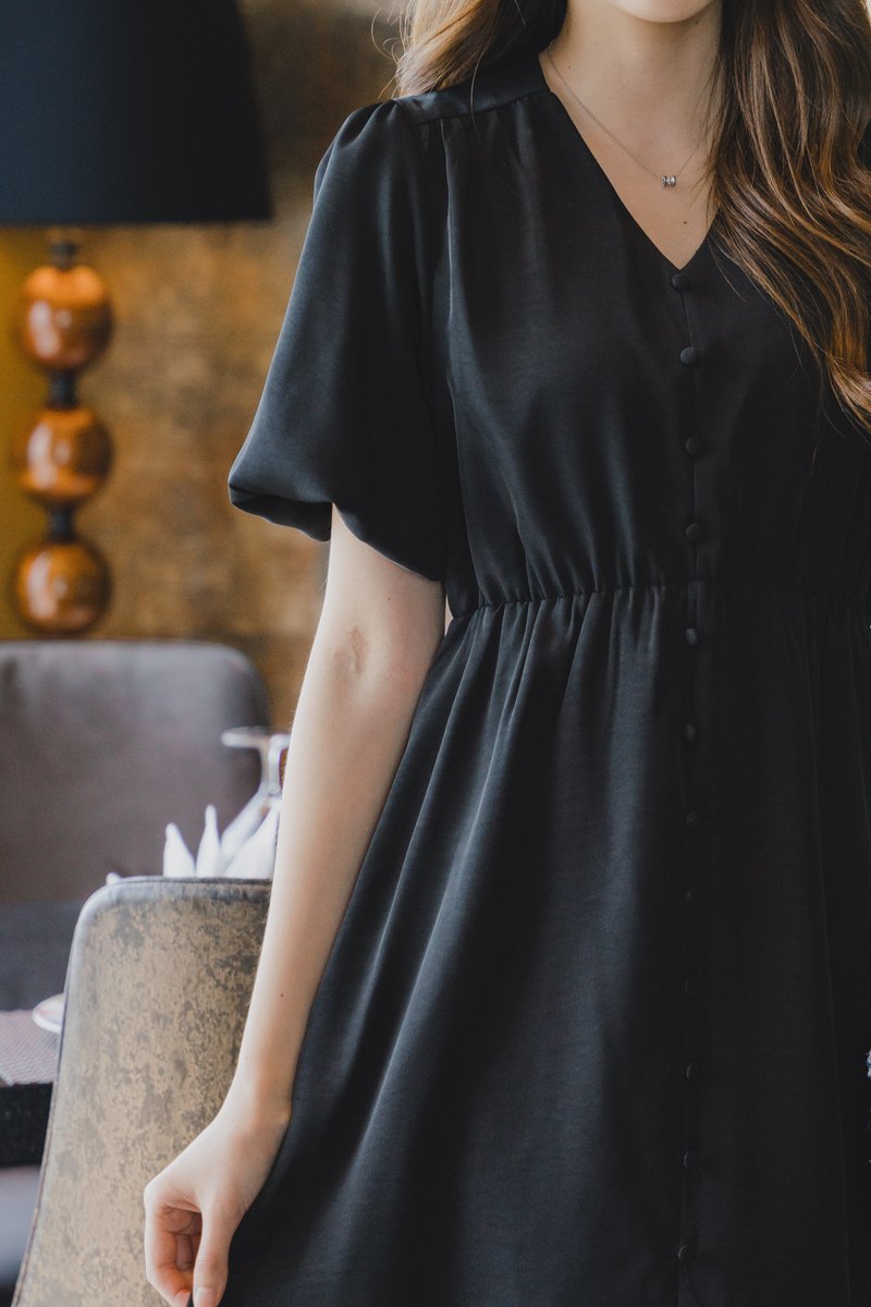 ACW Balloon Puff Sleeve Button Panel Midi Dress in Black | Anticlockwise