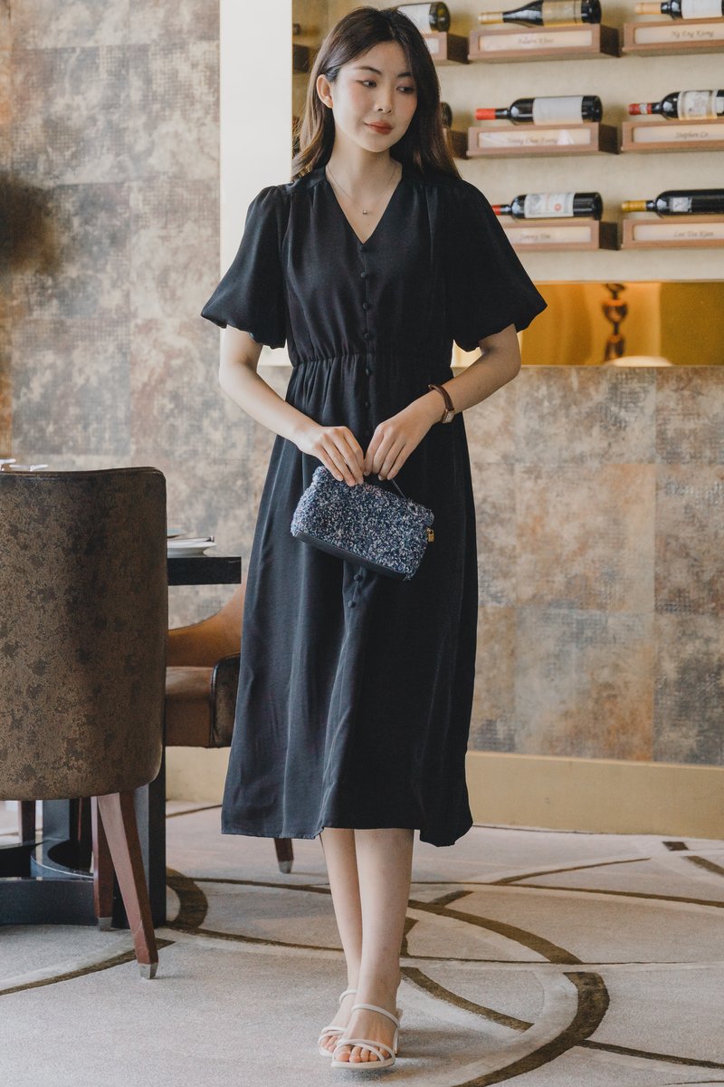 ACW Balloon Puff Sleeve Button Panel Midi Dress in Black | Anticlockwise