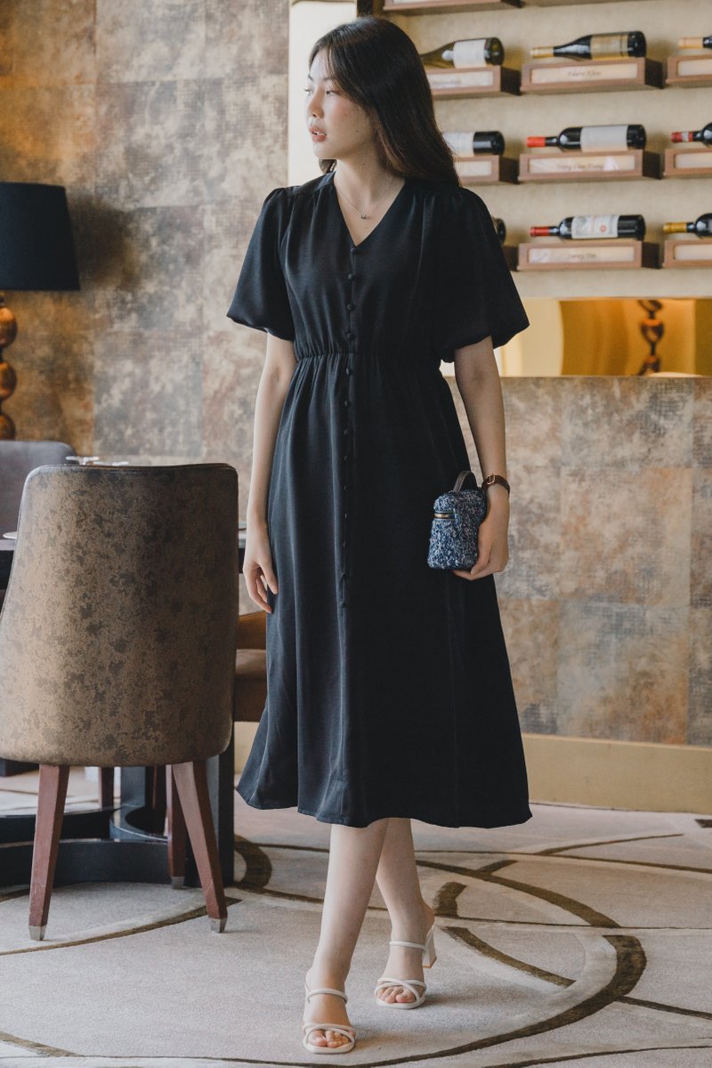 ACW Balloon Puff Sleeve Button Panel Midi Dress in Black | Anticlockwise