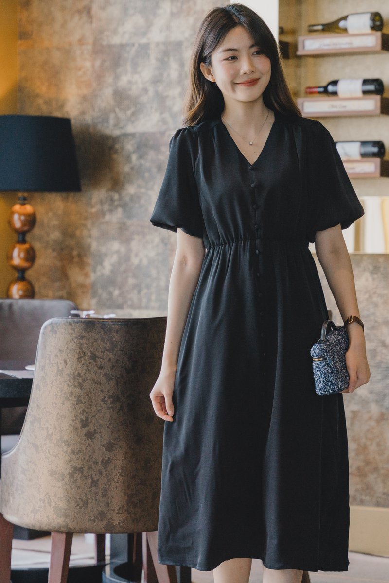 ACW Balloon Puff Sleeve Button Panel Midi Dress in Black | Anticlockwise