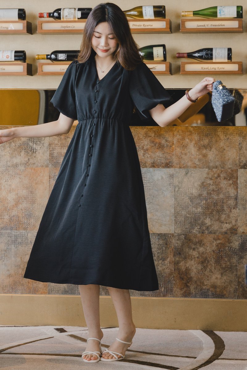 ACW Balloon Puff Sleeve Button Panel Midi Dress in Black | Anticlockwise