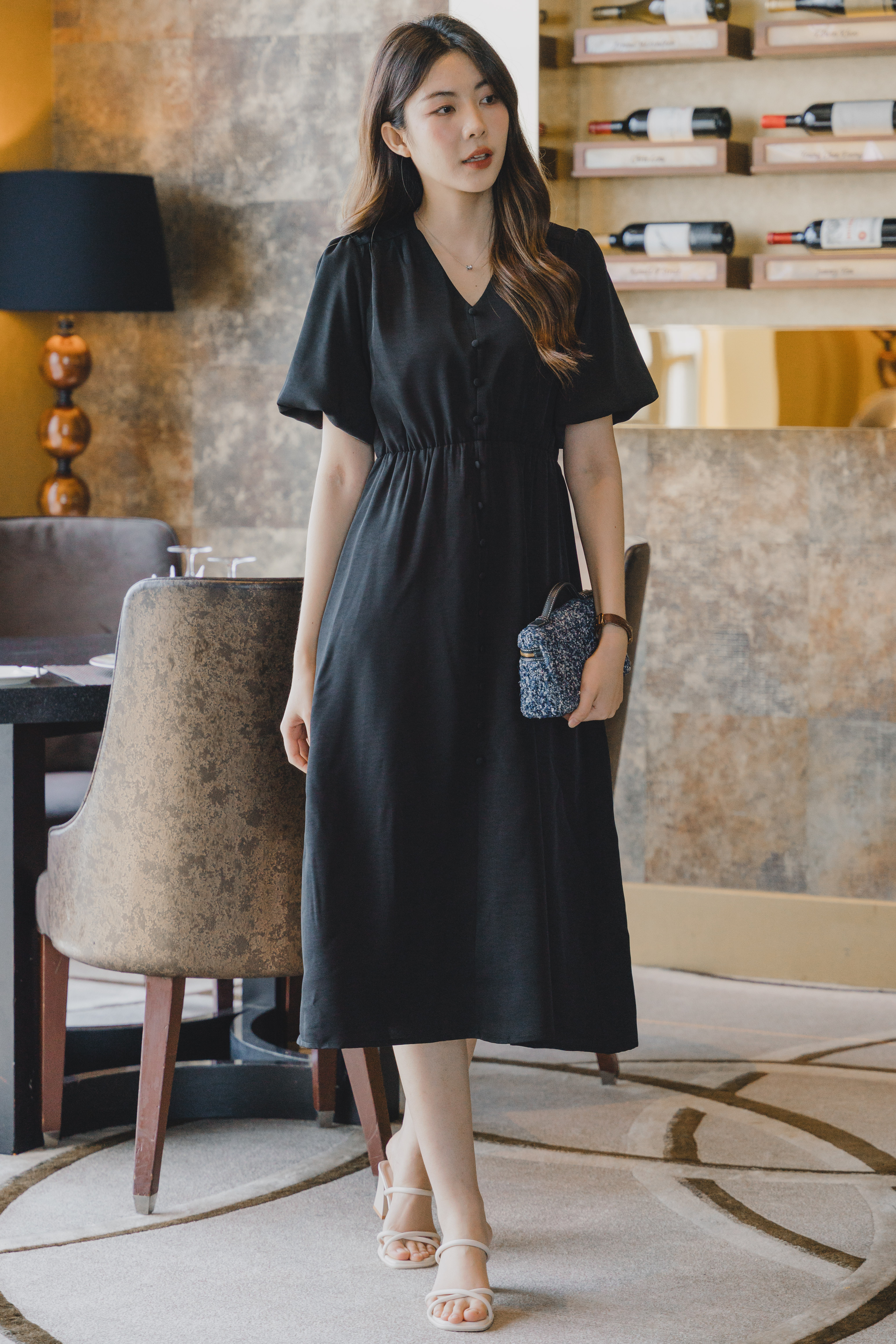 ACW Balloon Puff Sleeve Button Panel Midi Dress in Black | Anticlockwise