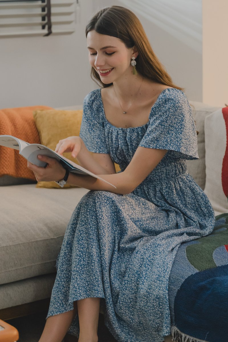 *BACK IN STOCK* ACW Duo Elastic Waist Ruched Midi Dress in Blue Prints ...