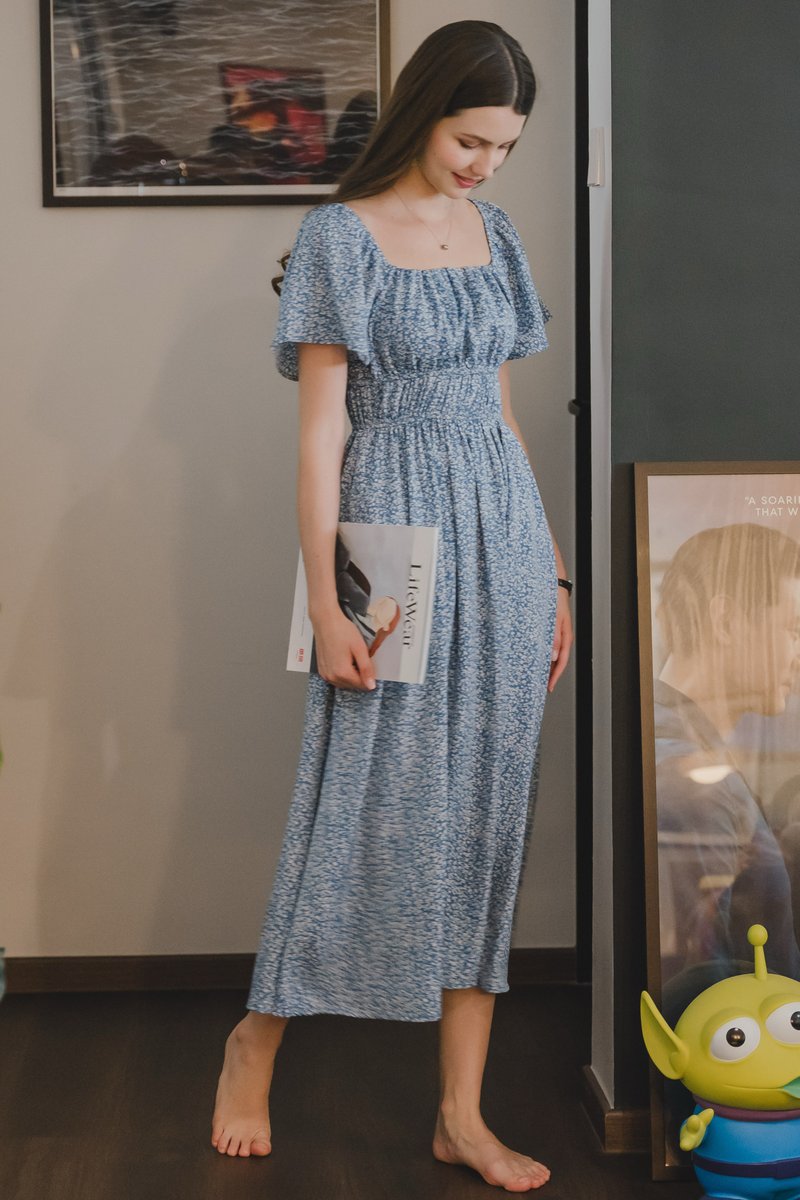 *BACK IN STOCK* ACW Duo Elastic Waist Ruched Midi Dress in Blue Prints ...