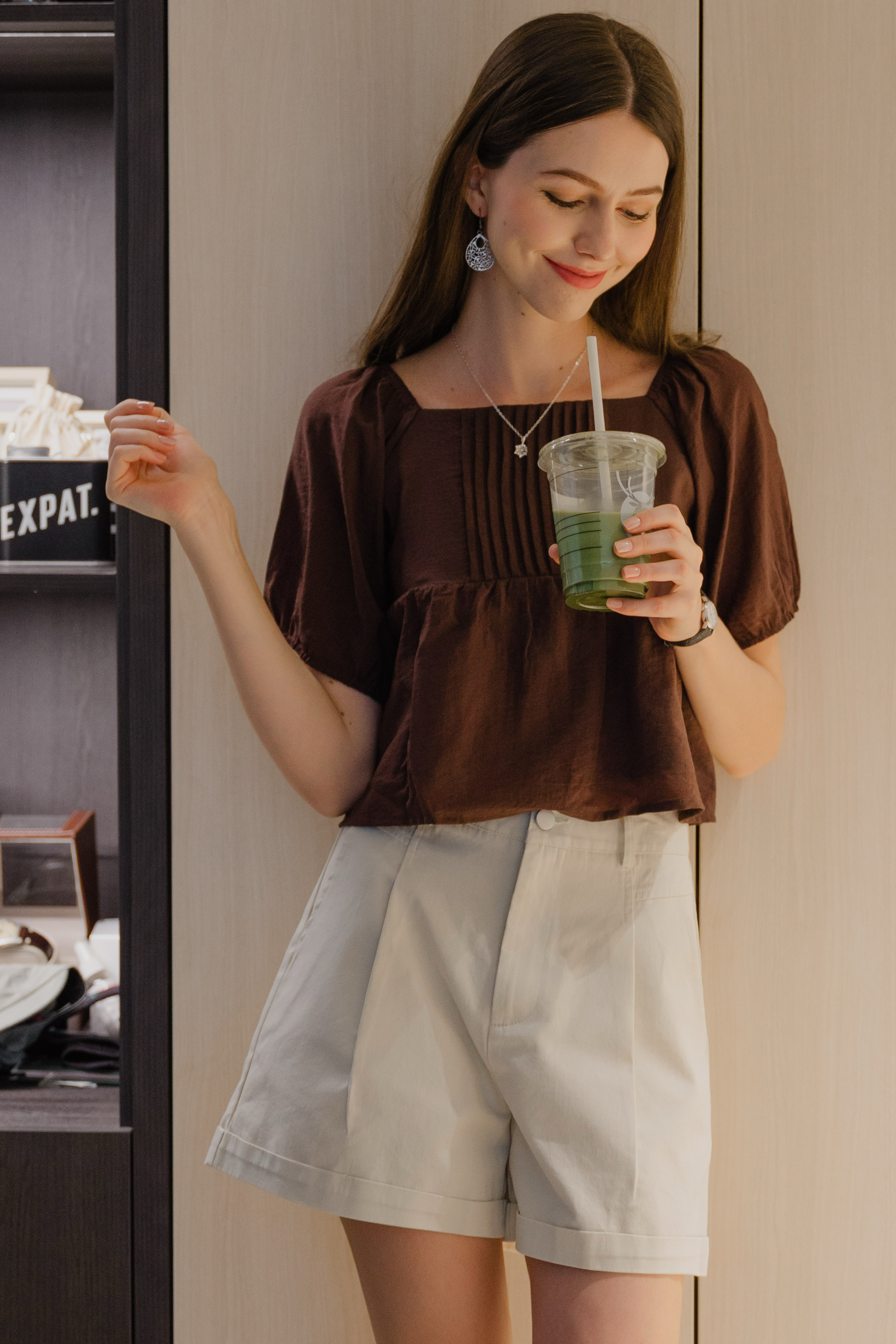 ACW Panel Lines Balloon Sleeve Babydoll Top in Cocoa Brown | Anticlockwise