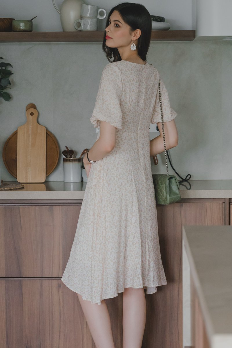 ACW Wrap Button Balloon Sleeve Midi Swing Dress in Prints | Anticlockwise