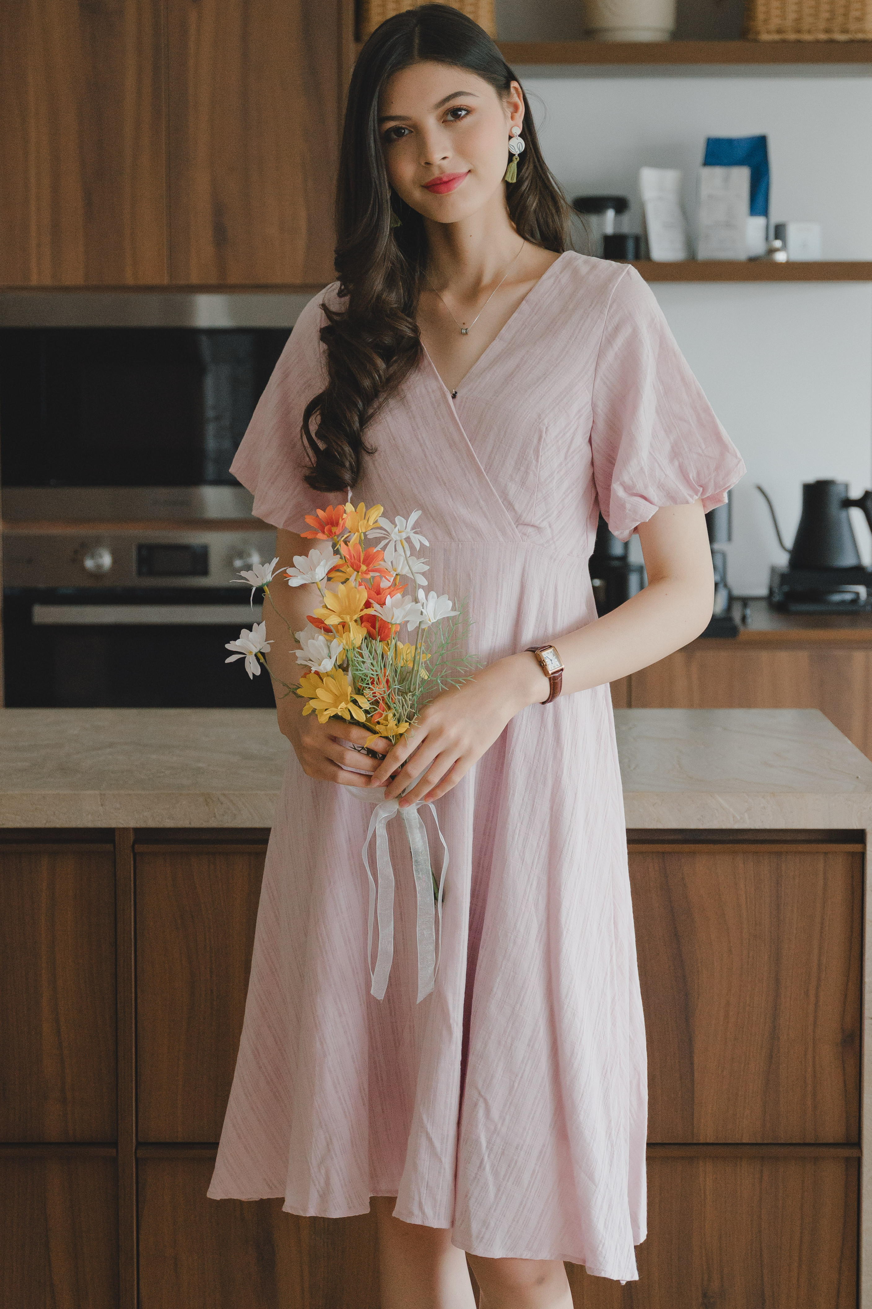 ACW Wrap Button Balloon Sleeve Midi Swing Dress in Lavender | Anticlockwise
