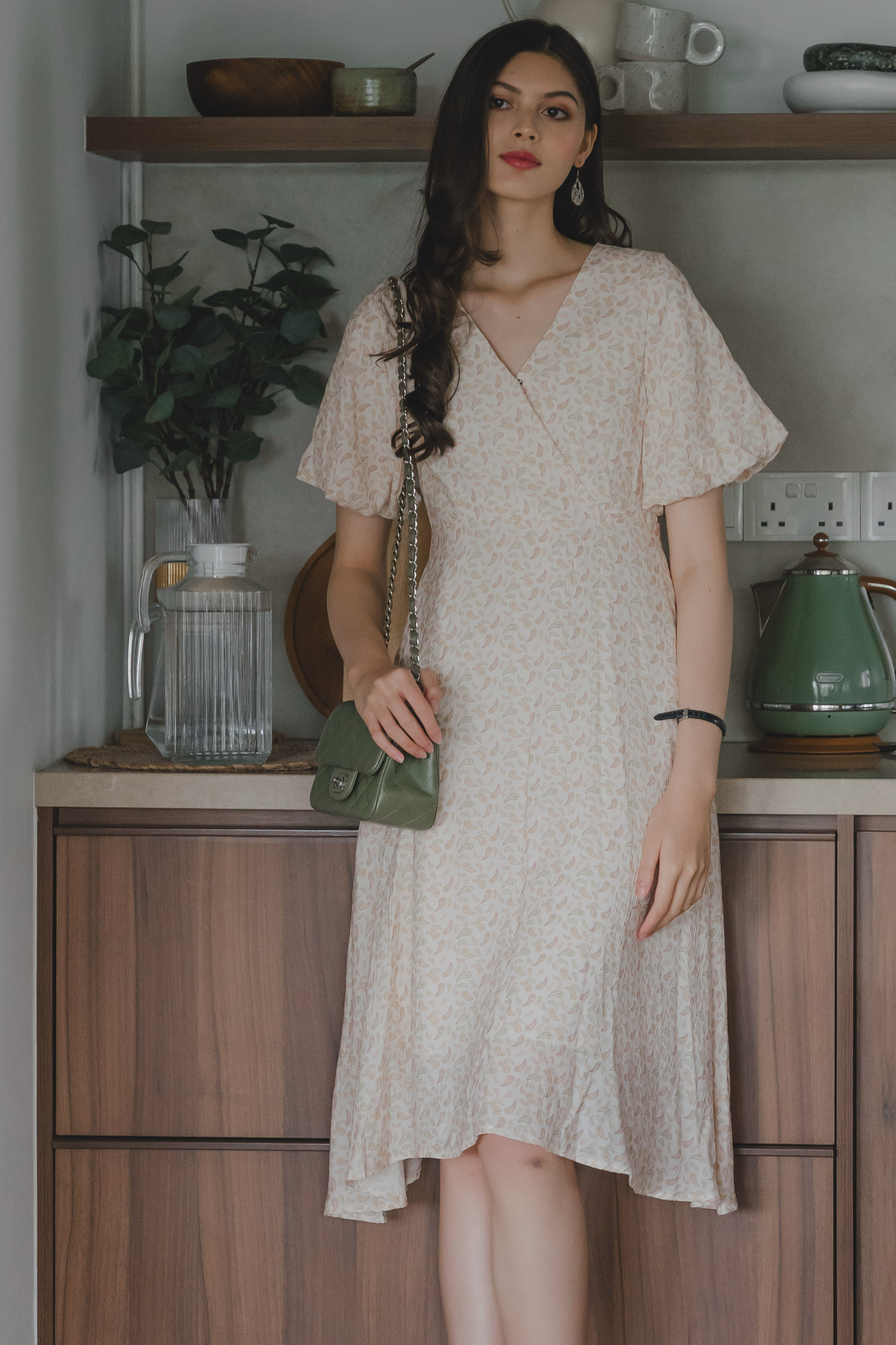 ACW Wrap Button Balloon Sleeve Midi Swing Dress in Prints | Anticlockwise