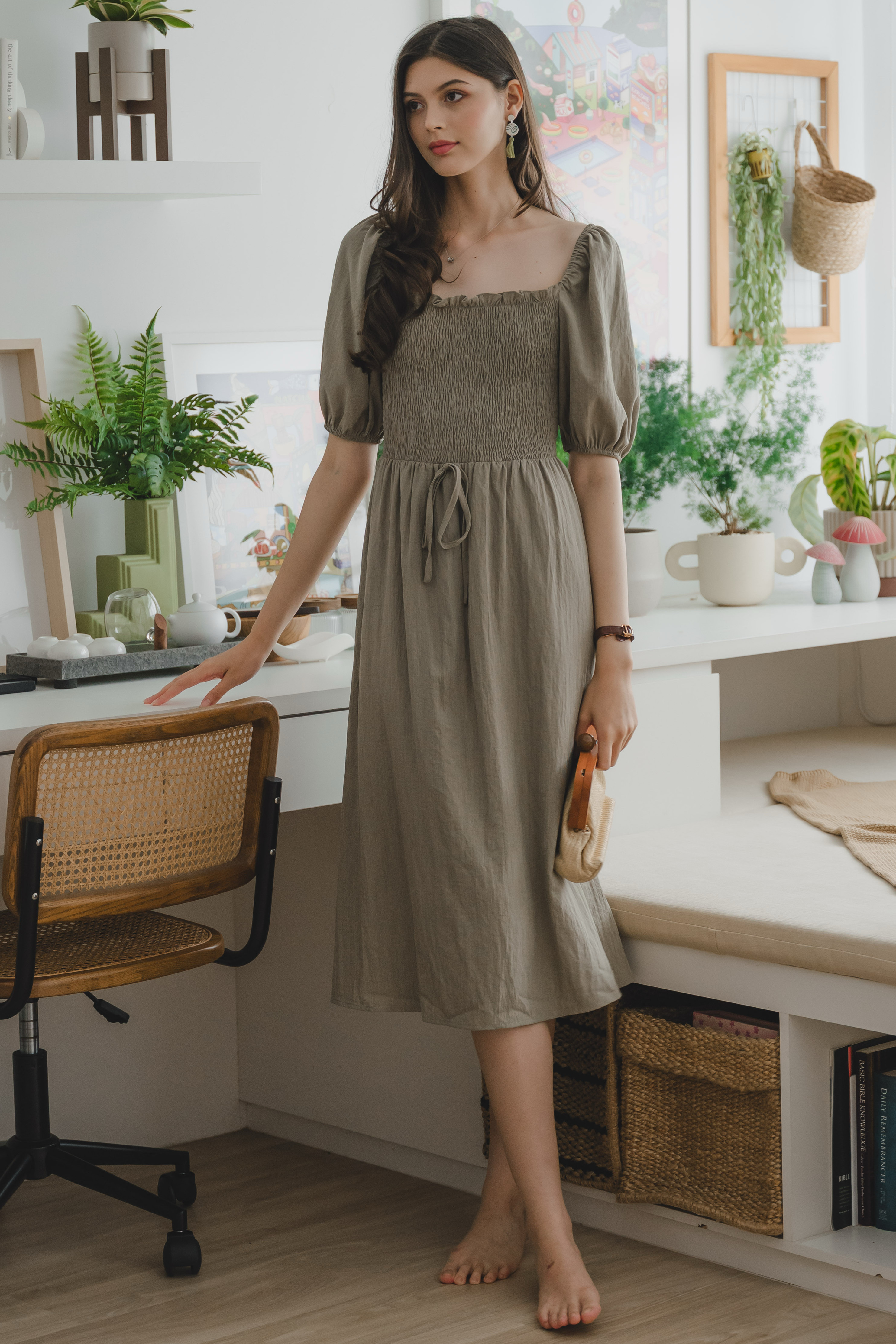 ACW Smock Balloon Sleeve Midi Swing Dress in Olive | Anticlockwise
