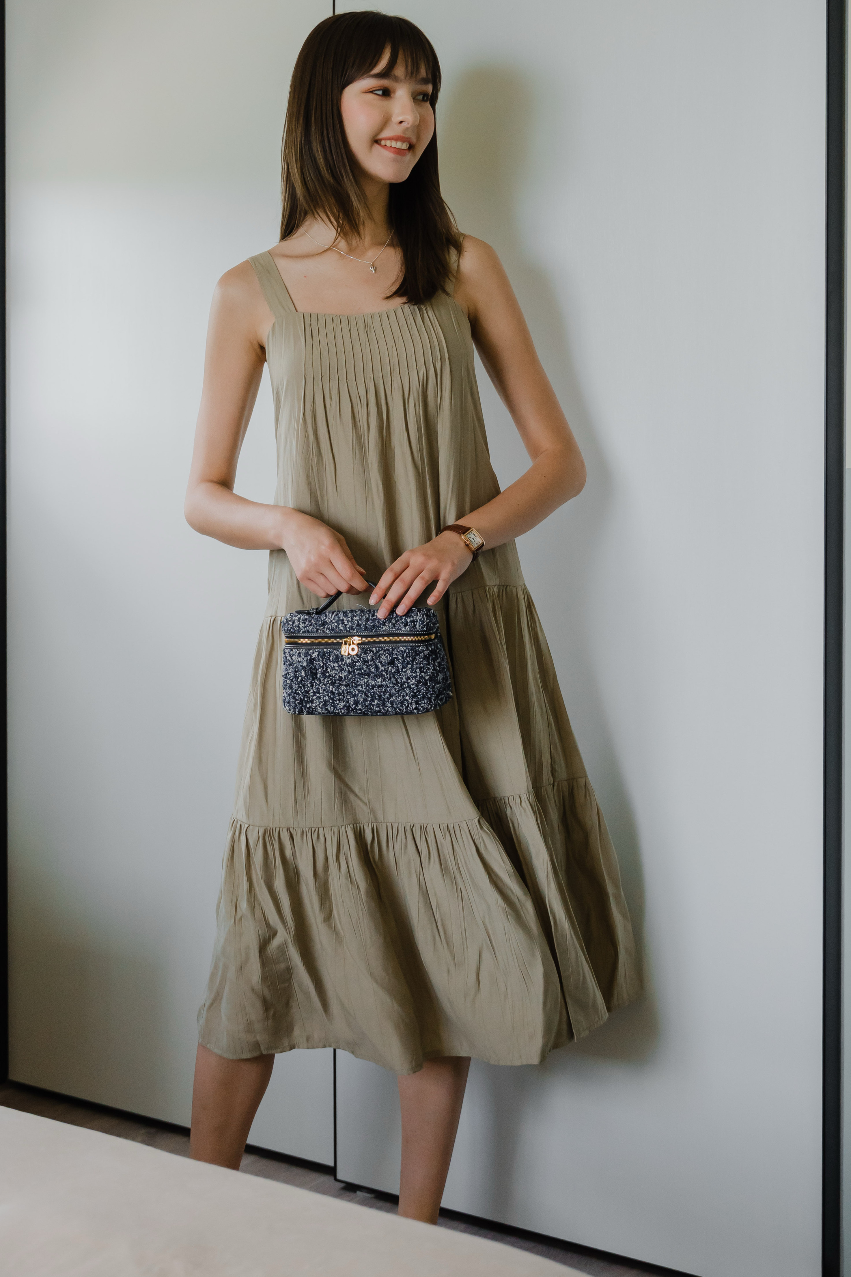 ACW Thick Strap Ruch Tier Midi Dress in Sandstone | Anticlockwise