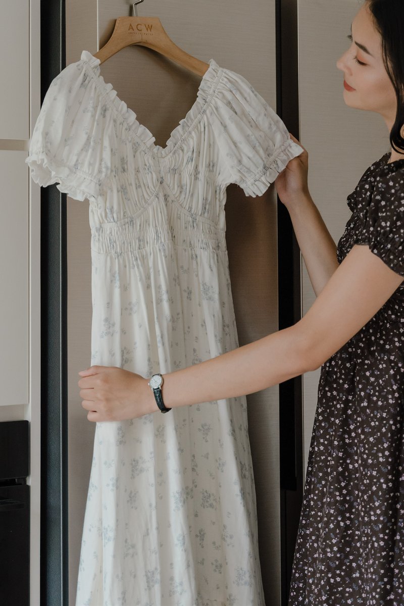 ACW Patterned Smock Sleeved Midi Dress in Sky Blue Florals | Anticlockwise