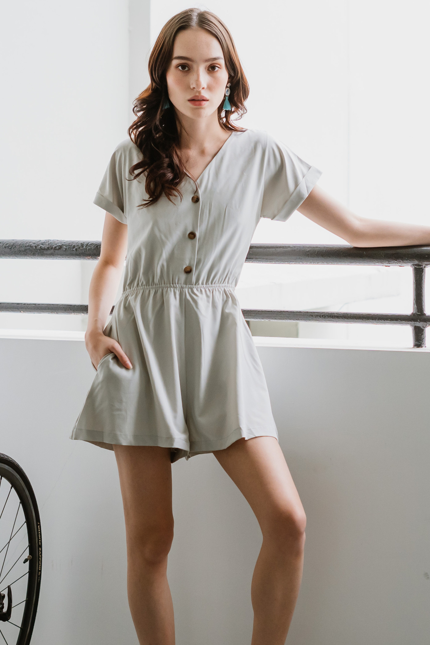 ACW Button Down Elastic Waist Romper in Sage | Anticlockwise